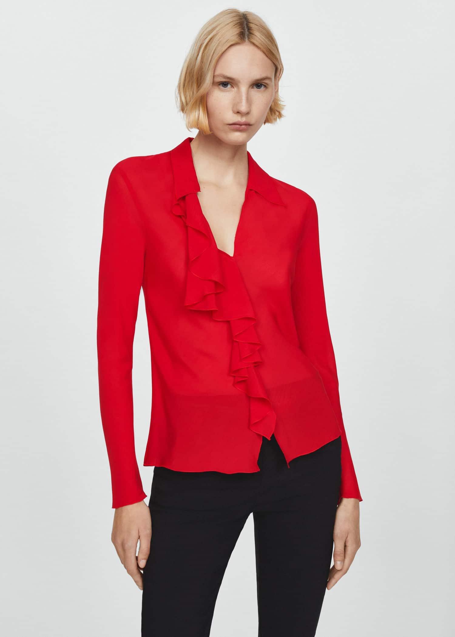 Mango Red V-Neck Ruffle Blouse | Azadea UAE
