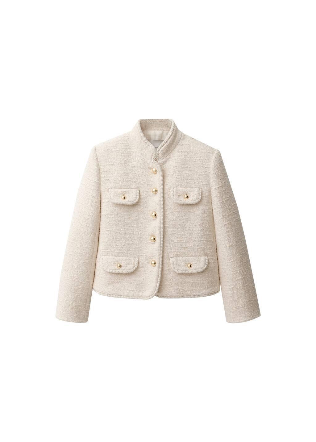 Mango Beige Tweed Jacket With Striped Collar | Azadea UAE