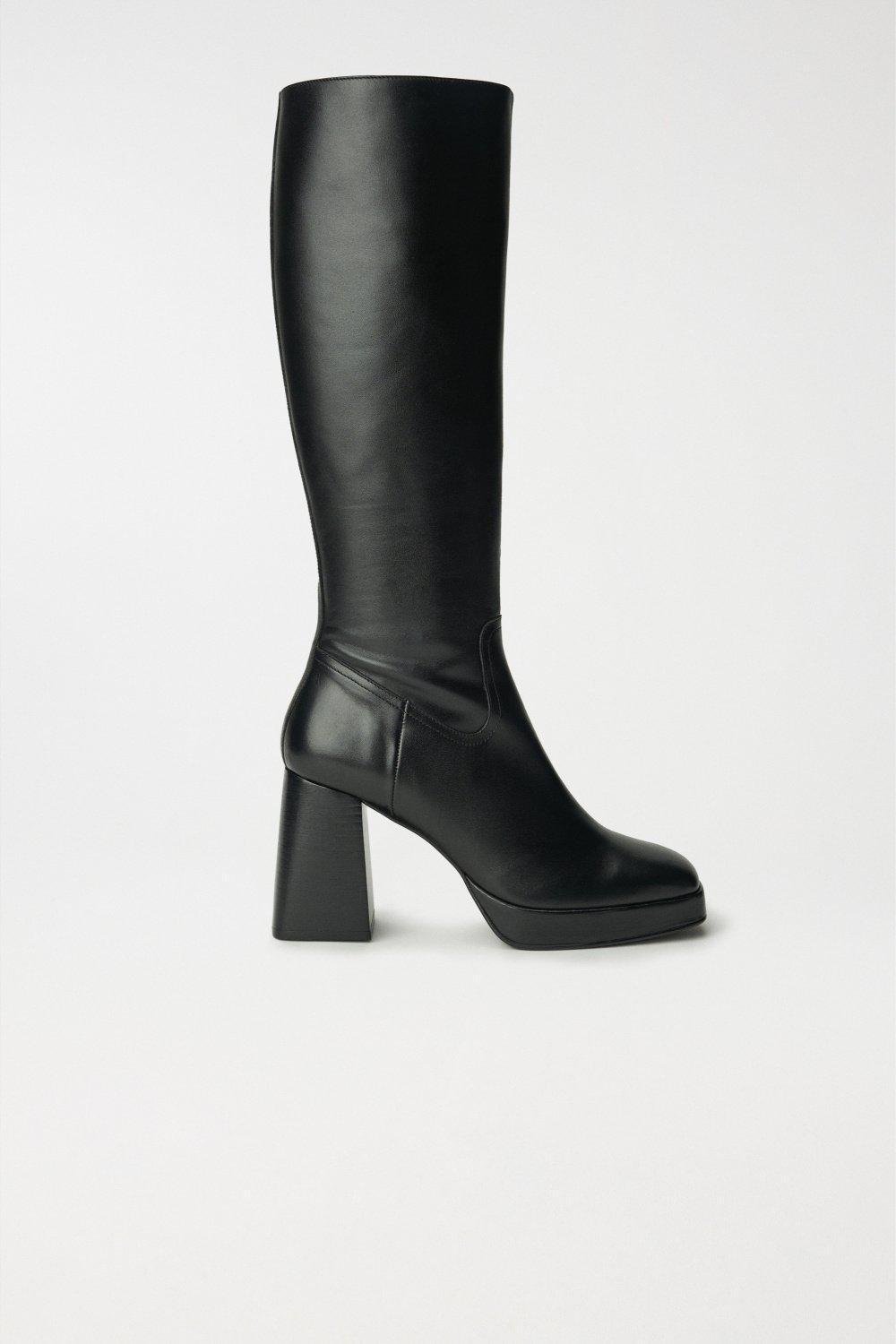 Salsa Jeans Black Leather Block Heel Knee-High Boots | Azadea UAE