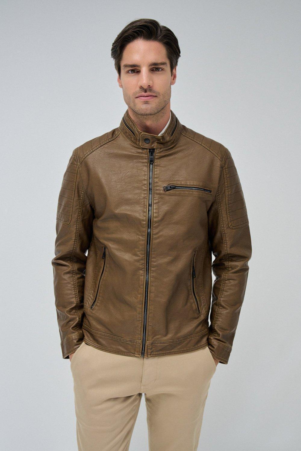 Salsa Jeans Brown Biker Jacket Leather Effect | Azadea UAE