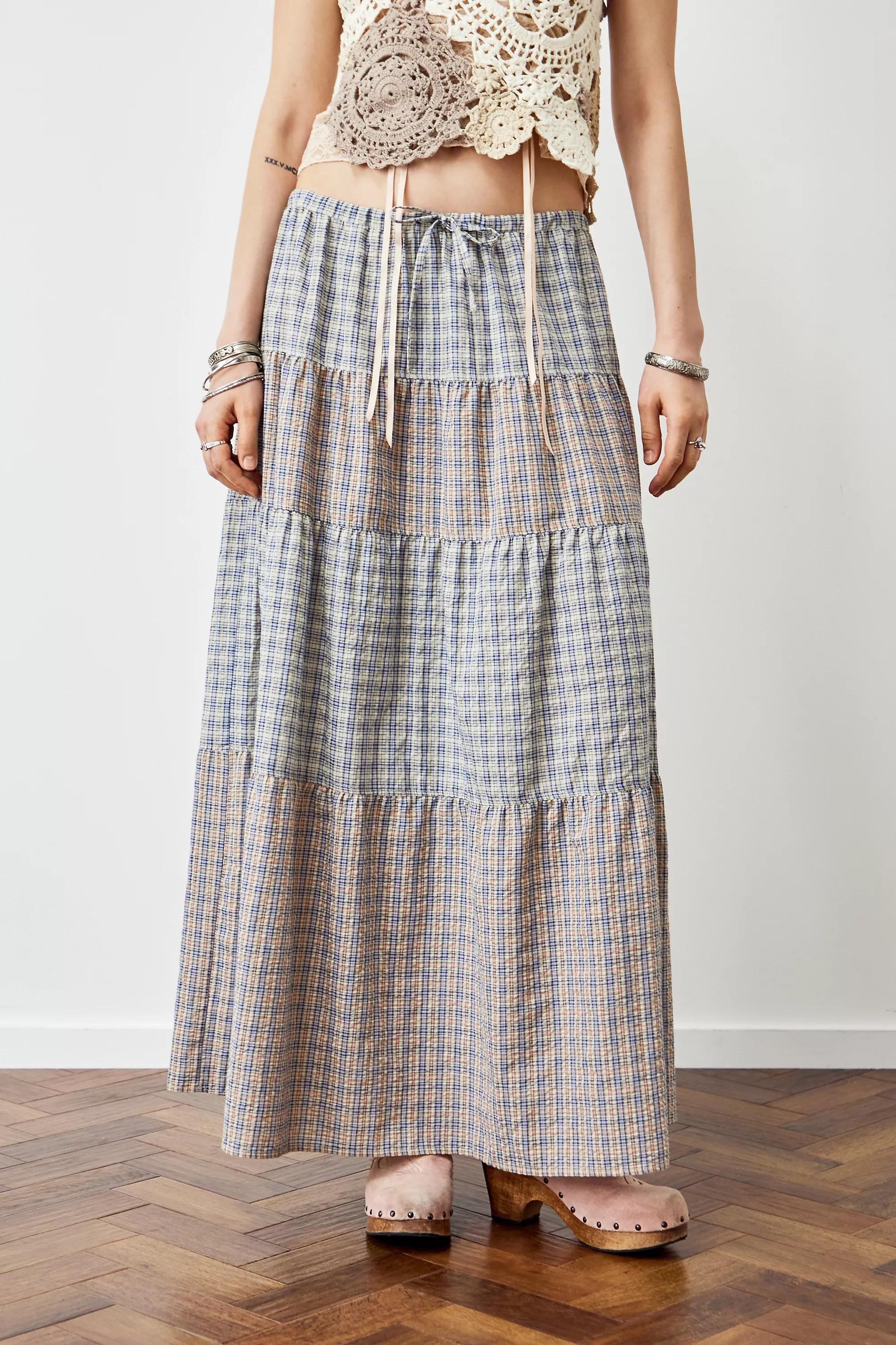تسوق Blue Archive At Randy Check Tiered Maxi Skirt Urban Outfitters ...